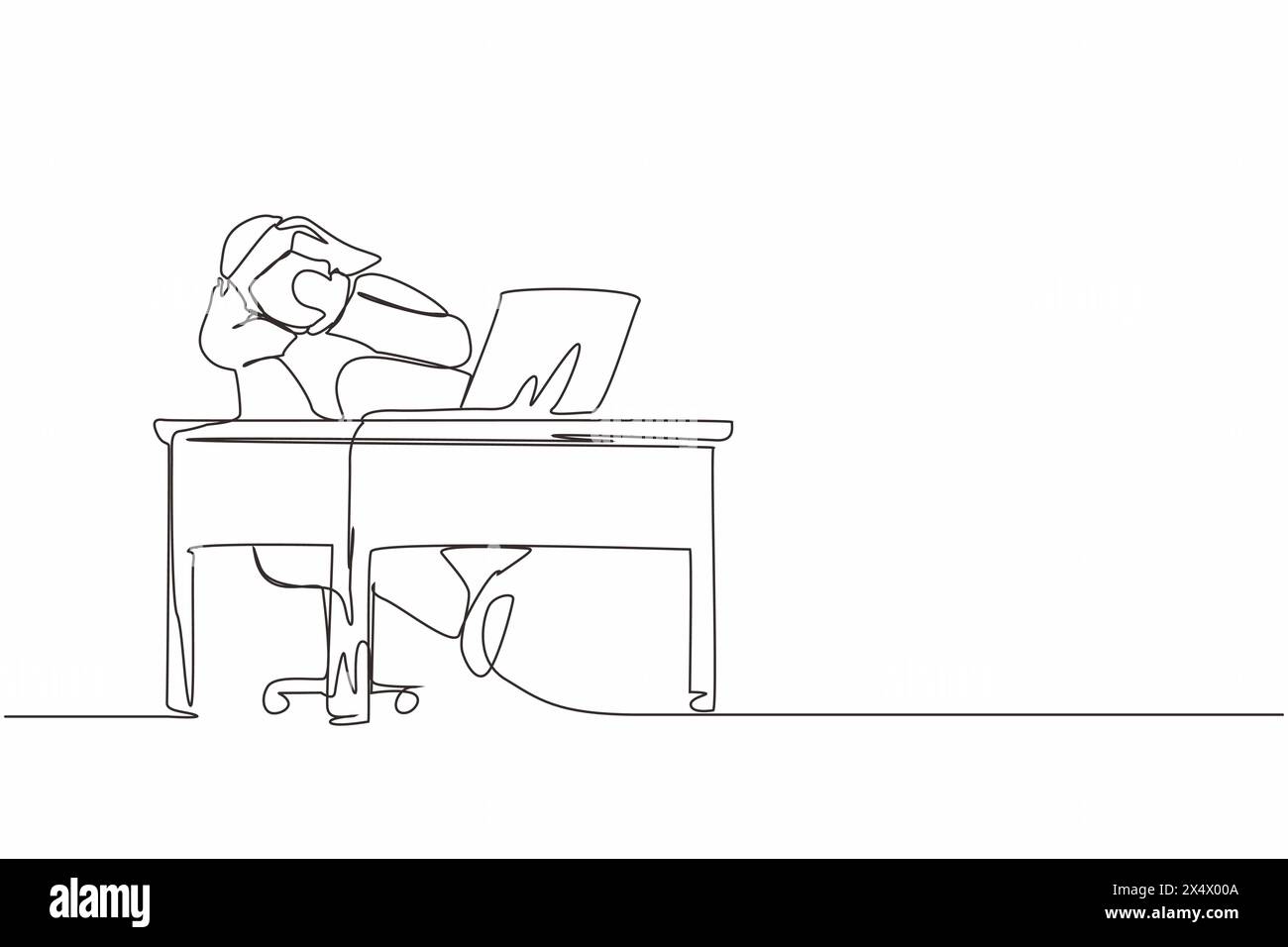 Continuous one line drawing scared Arab man manager looking at laptop ...
