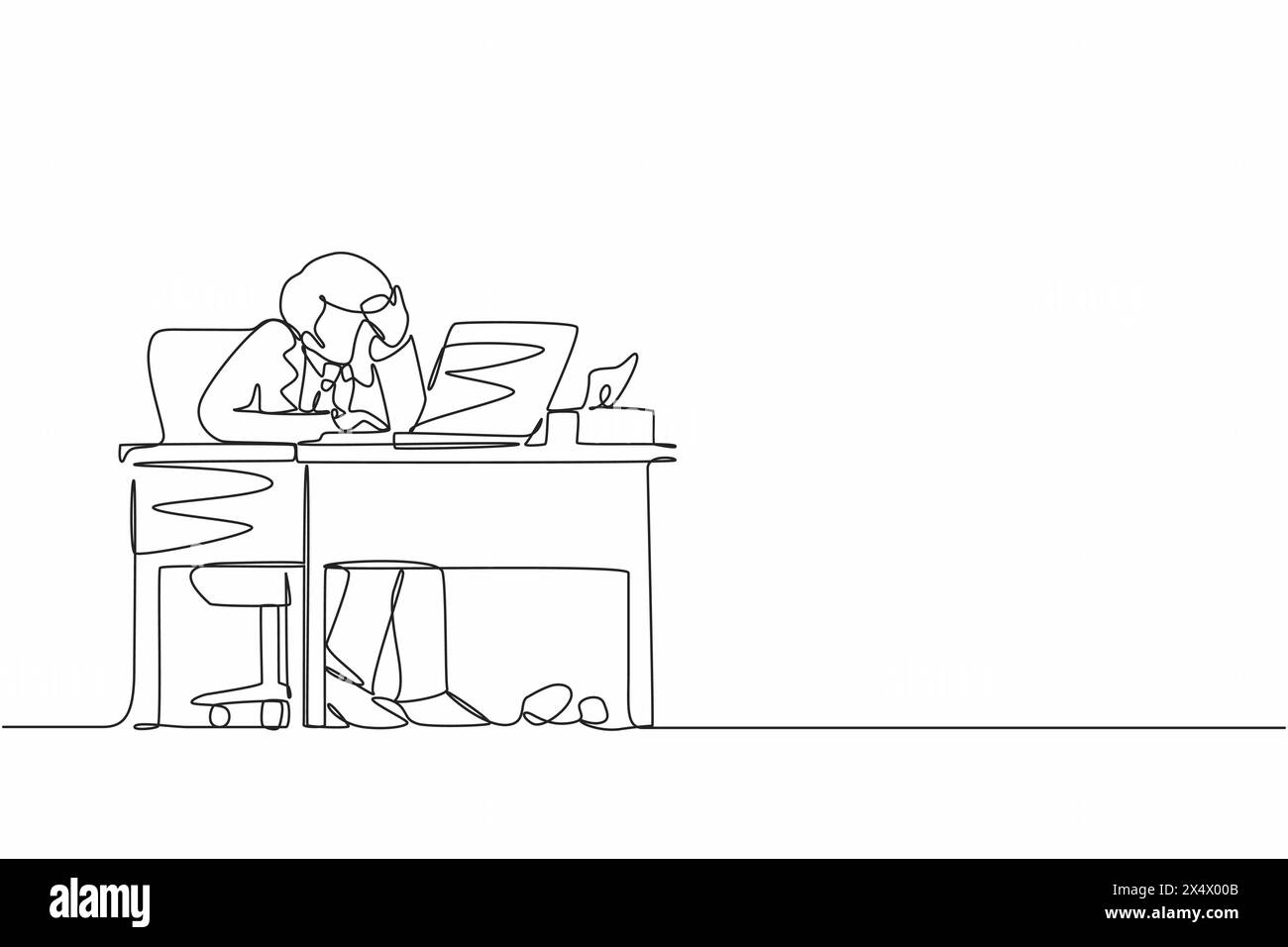 Single continuous line drawing male employee crying while wiping tears ...