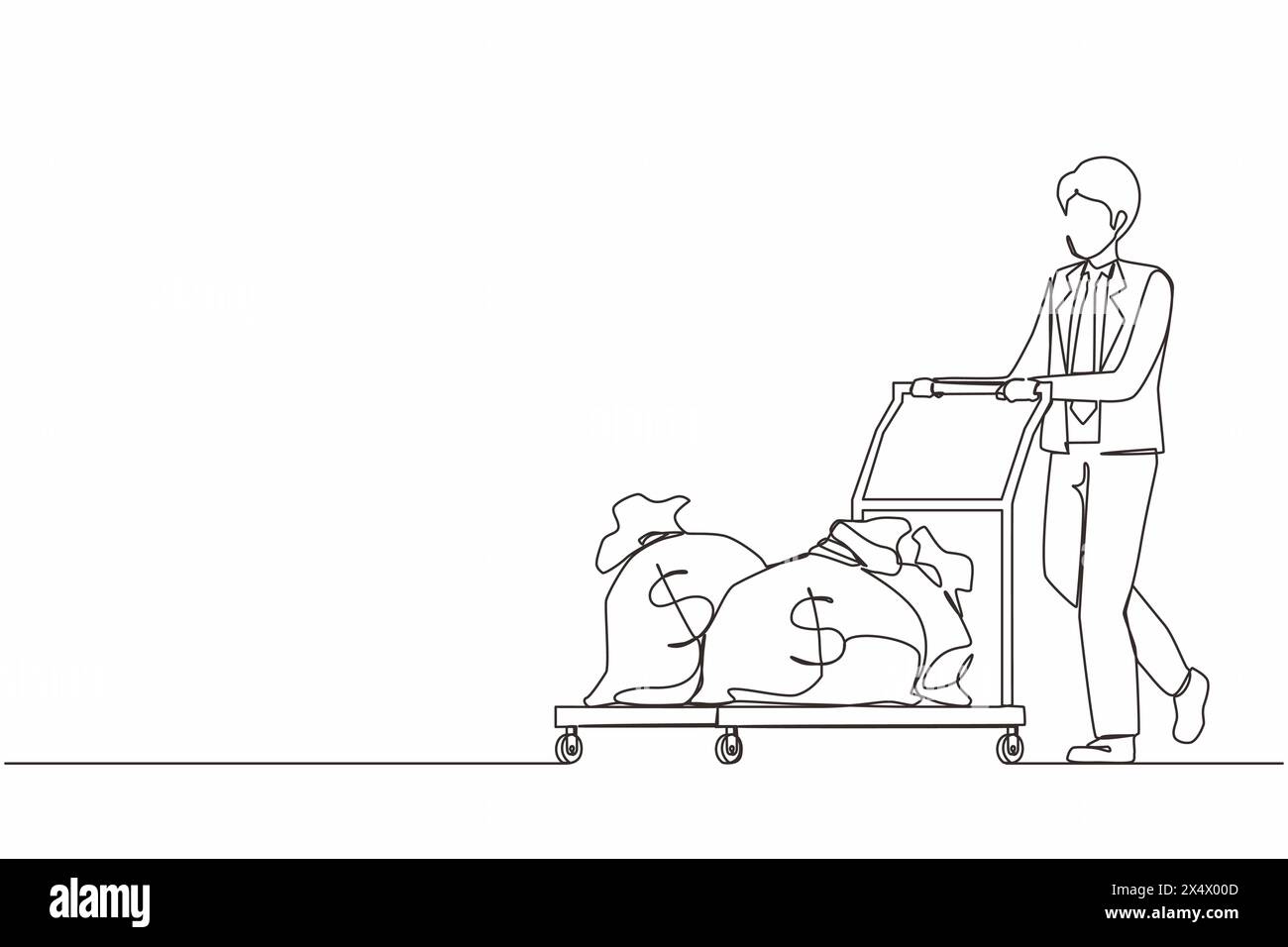 Continuous one line drawing businessman push cart with money bags ...