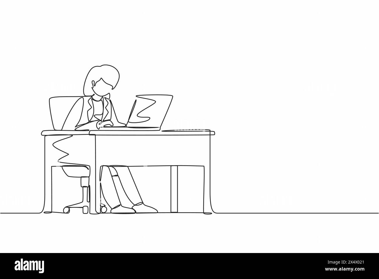 Continuous one line drawing female works in office. Woman working ...