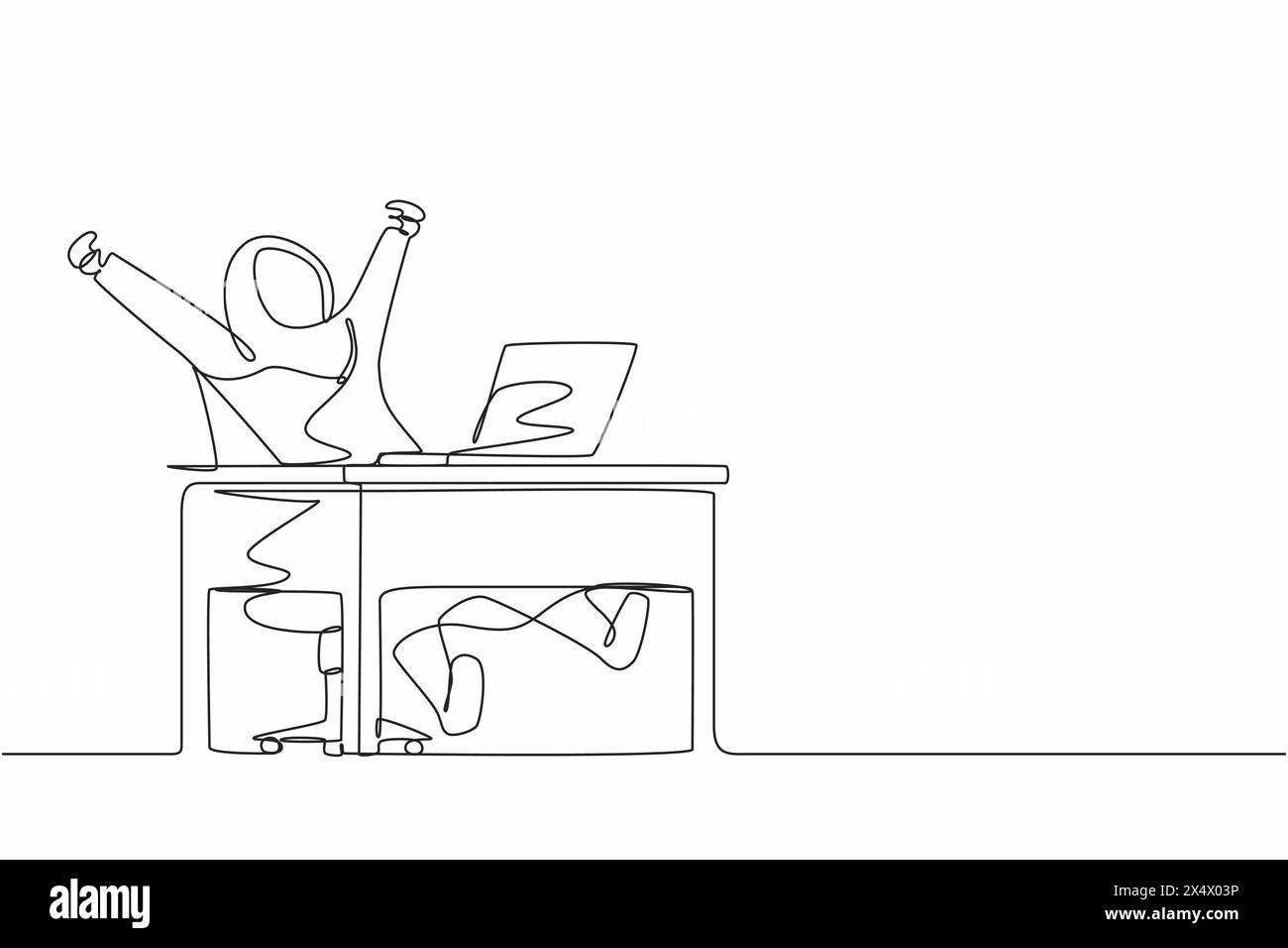 Continuous one line drawing happy Arab businesswoman sitting in chair at desk using laptop ...