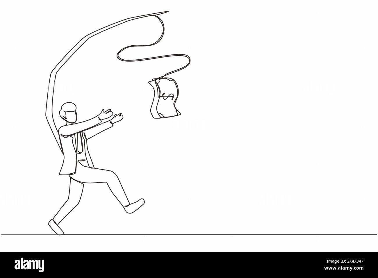 Single one line drawing greedy businessman or manager is running after ...
