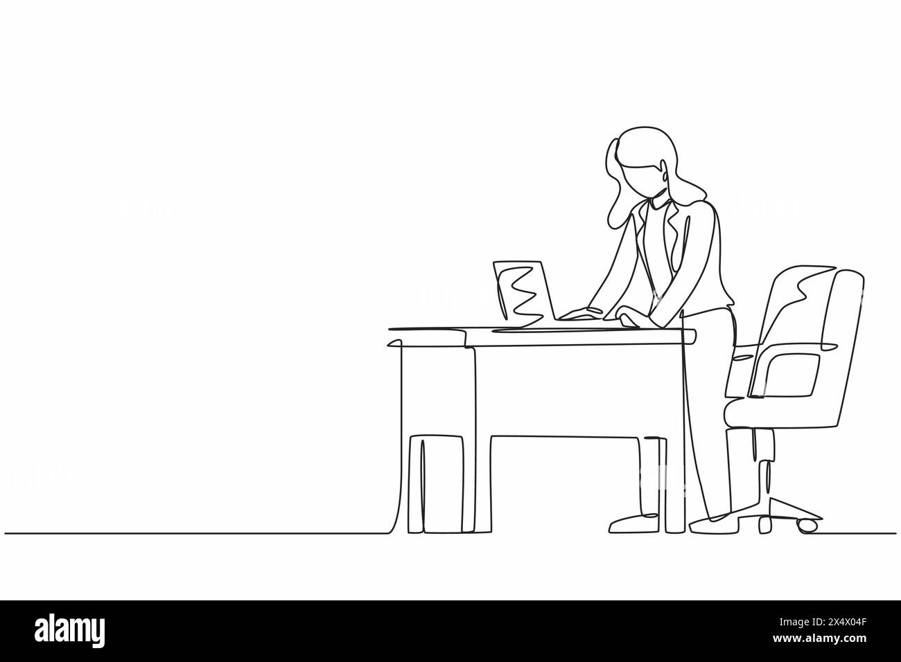Single continuous line drawing woman employee working at ergonomic ...