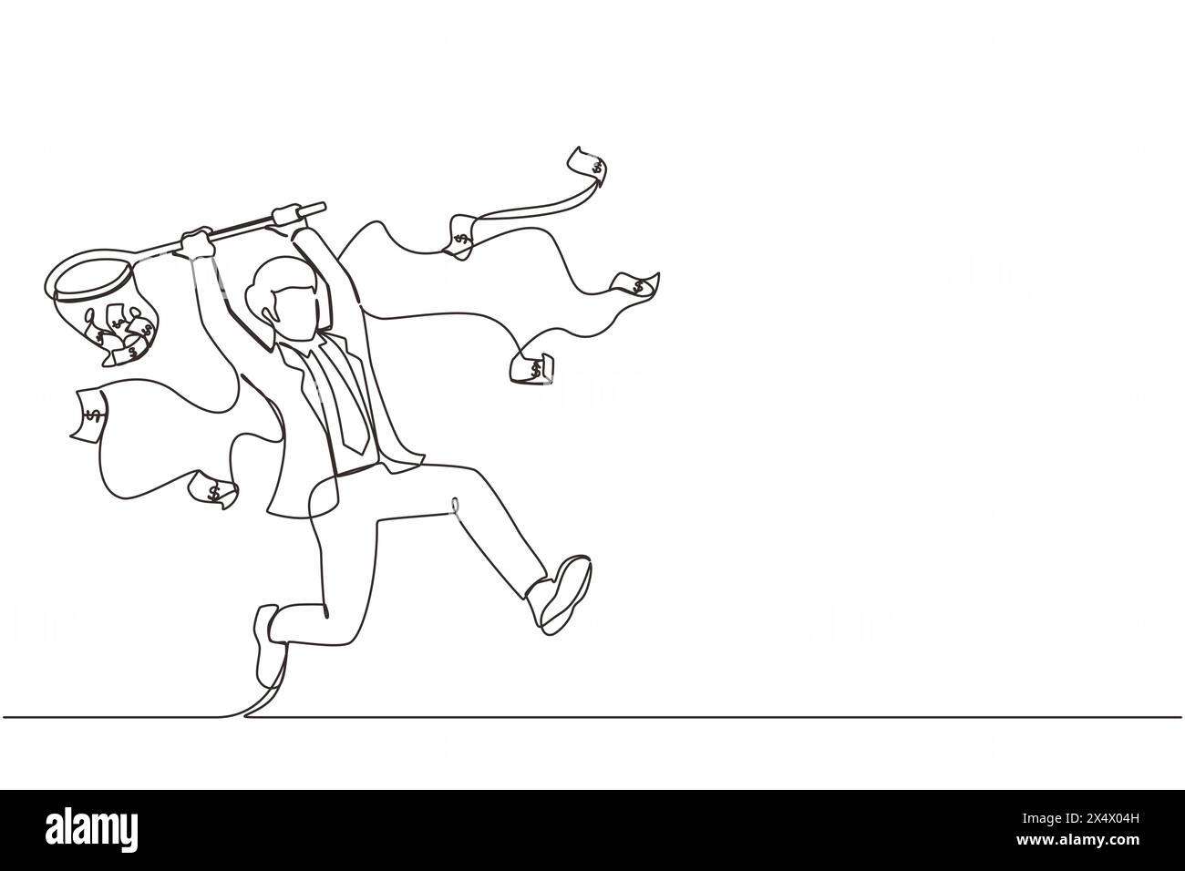 Single continuous line drawing businessman trying to catch flying money ...