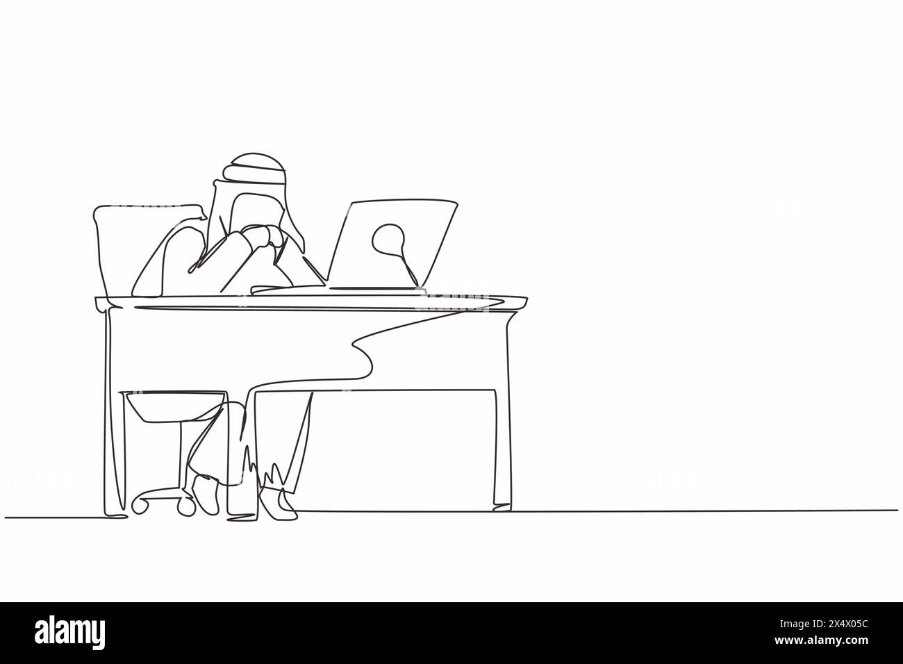 Single continuous line drawing pensive Arabic businessman working at ...