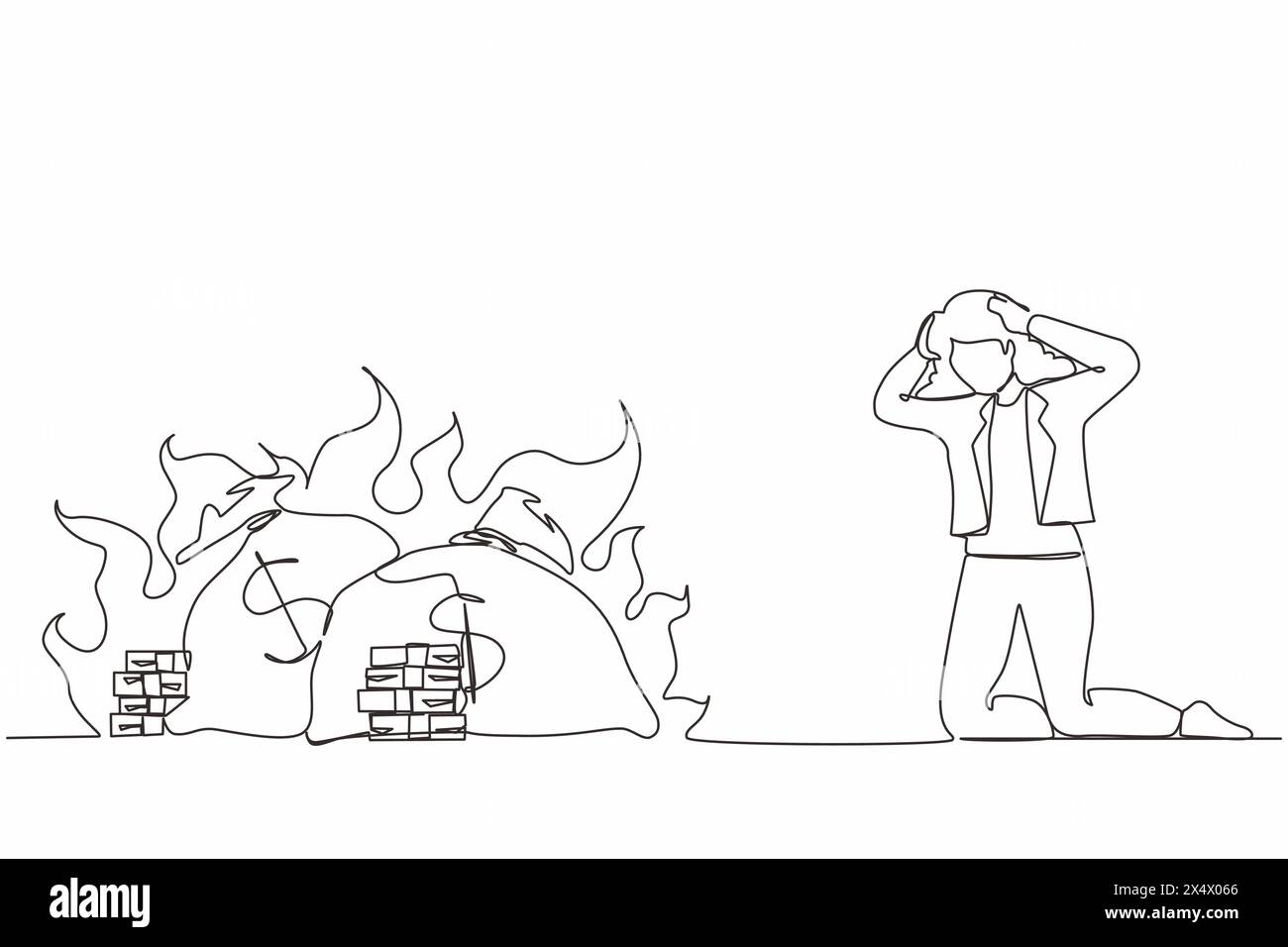 Single continuous line drawing upset businesswoman kneeling. Finances ...