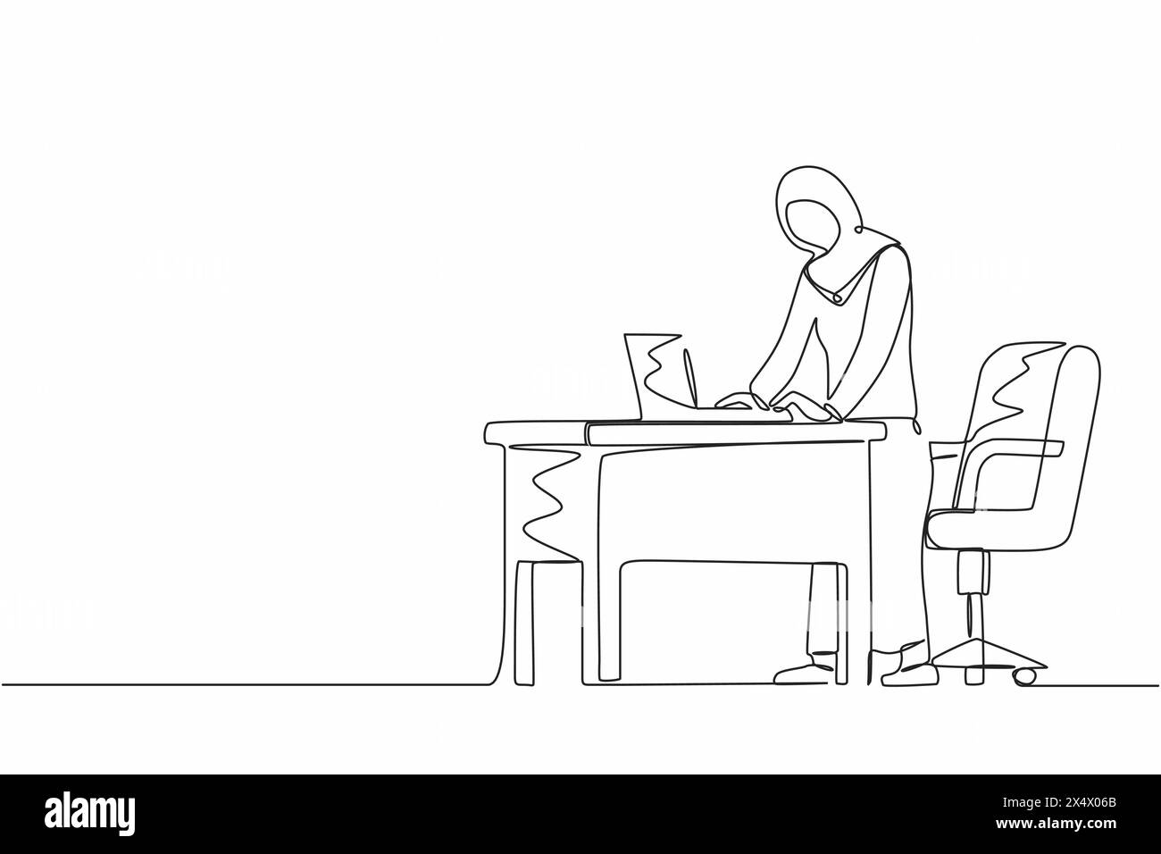 Single one line drawing woman employee working at ergonomic workstation ...