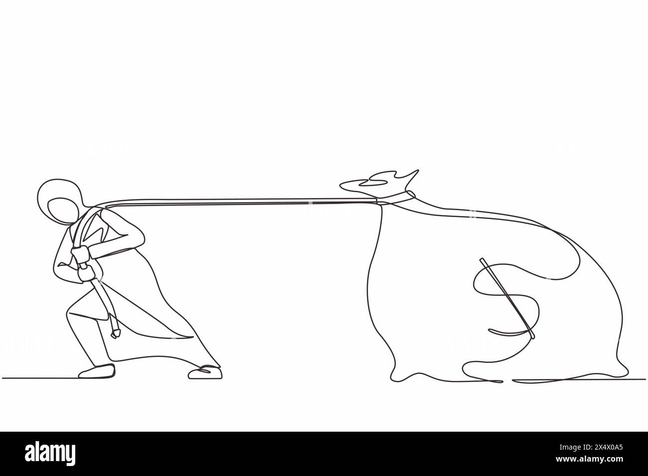 Single continuous line drawing Arabian businesswoman pulling big bag of ...