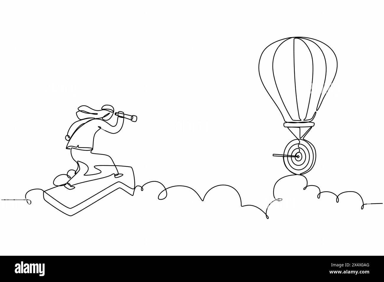 Single continuous line drawing Arabian businessman ride arrow symbol ...