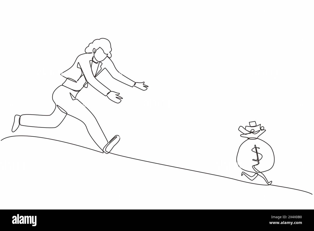 Single continuous line drawing businesswoman chasing money bag dollar ...