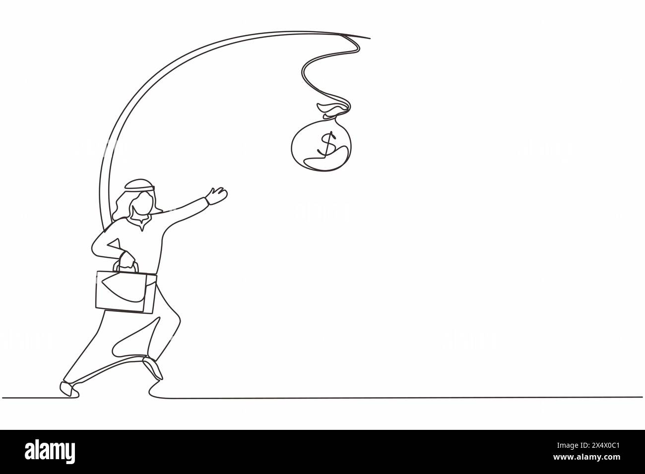 Single one line drawing oblivious Arabian businessman chasing bag of ...