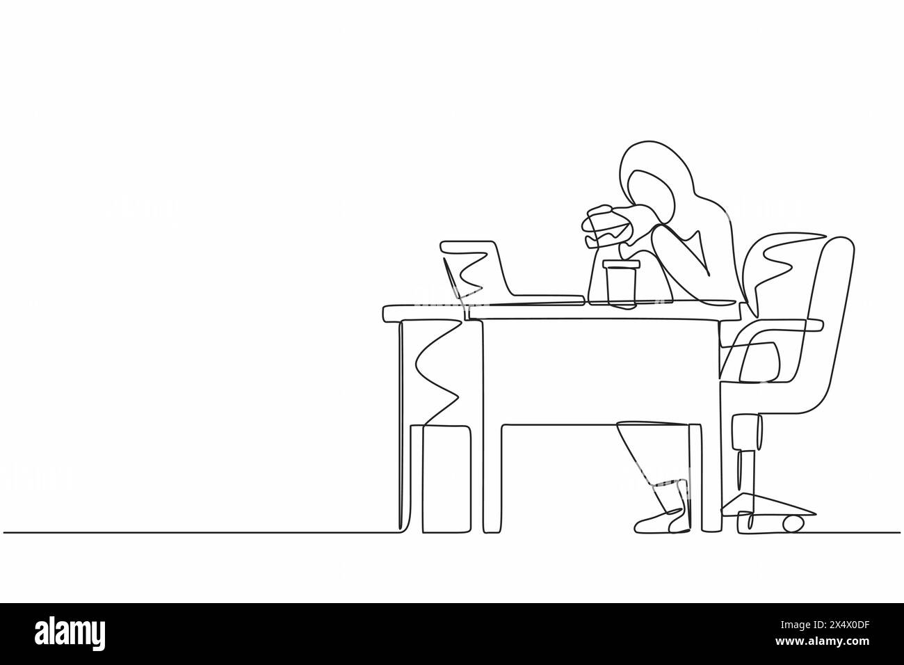 Continuous one line drawing fat obese Arab woman using laptop eating ...
