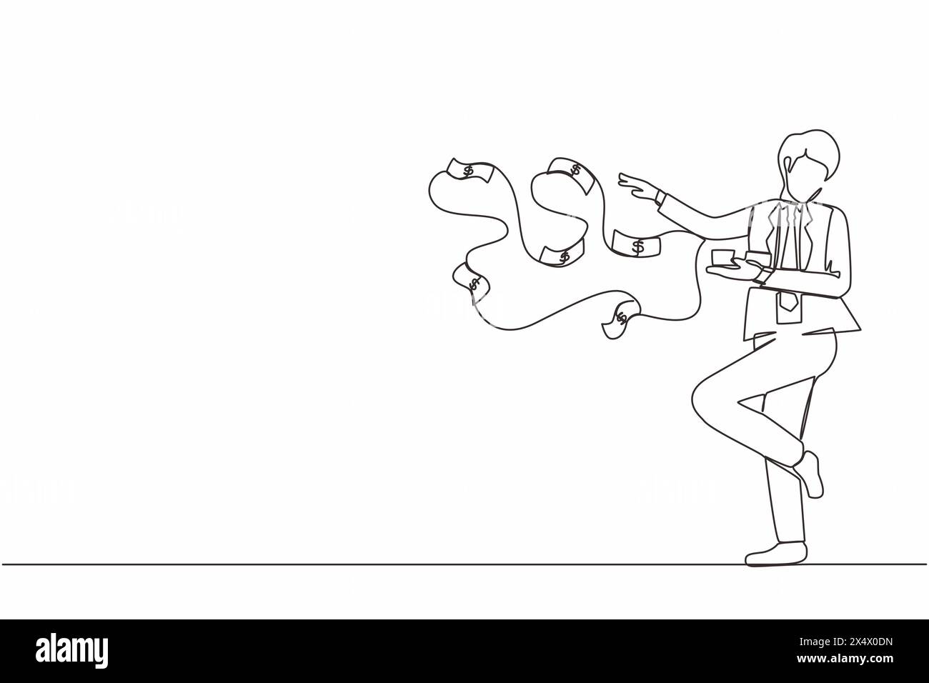 Single continuous line drawing happy businessman millionaire throw out ...