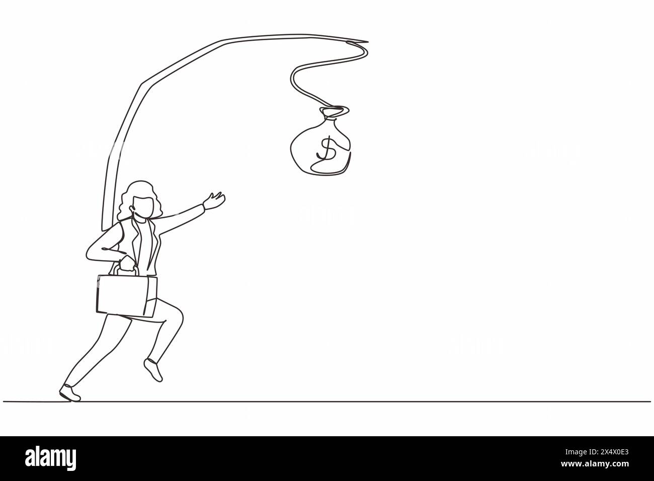 Continuous one line drawing oblivious businesswoman chasing bag of ...