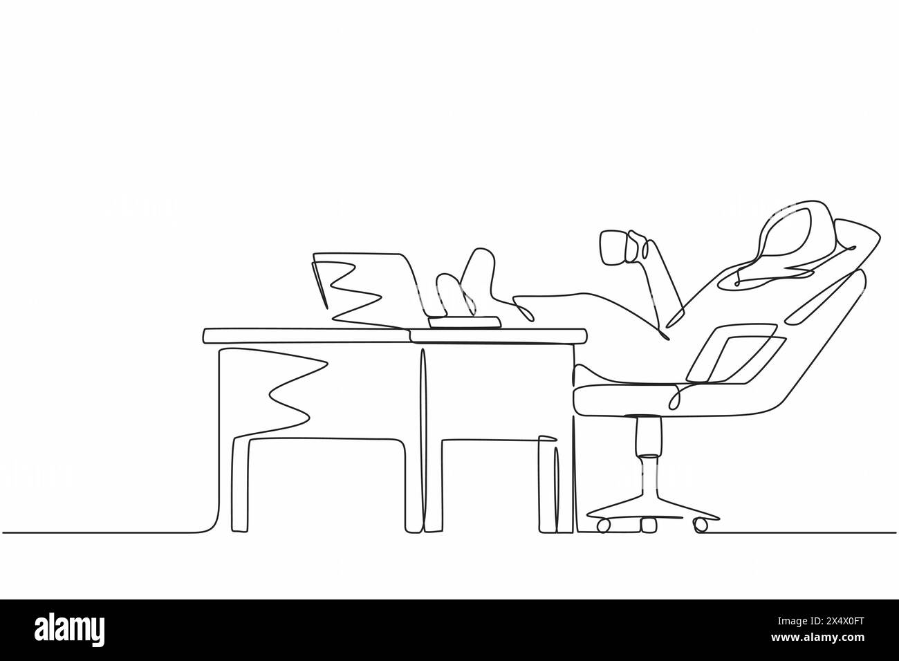 Single continuous line drawing Arab businesswoman work relaxed at desk ...