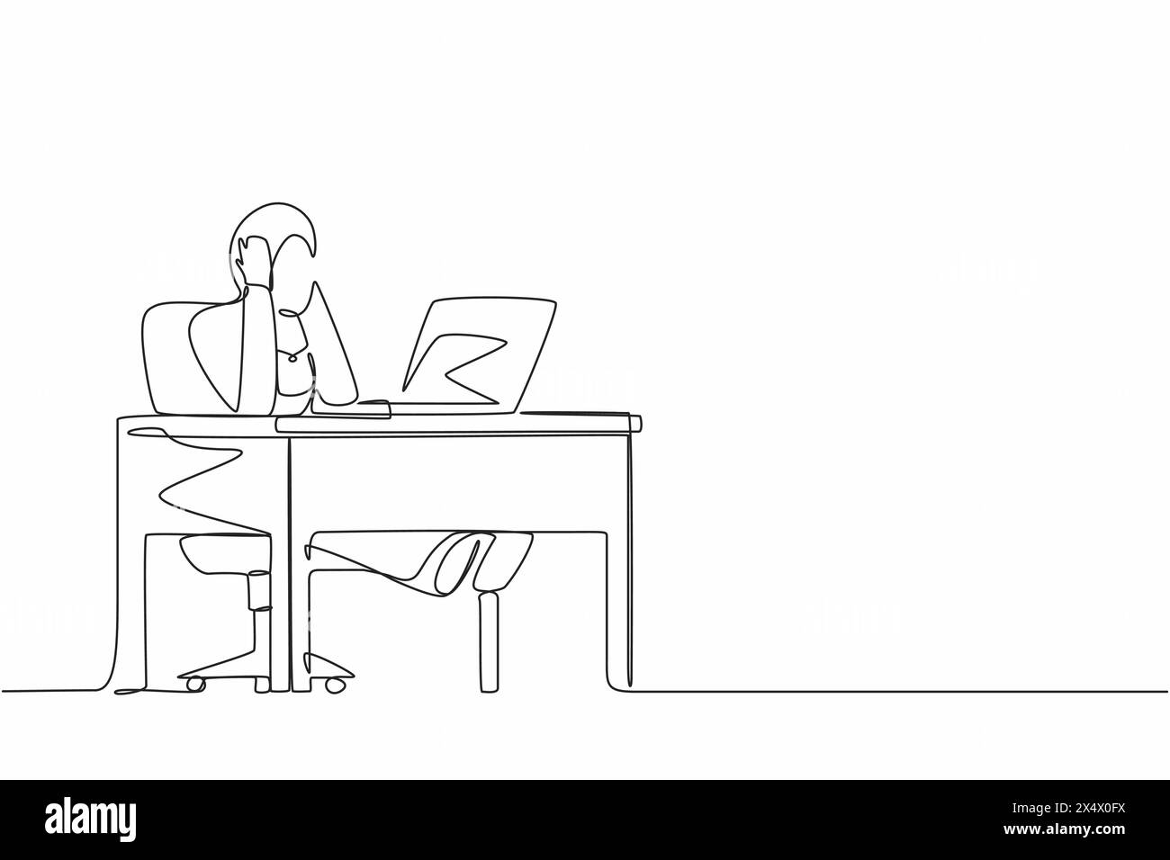 Single continuous line drawing tired office worker woman. Arabian ...