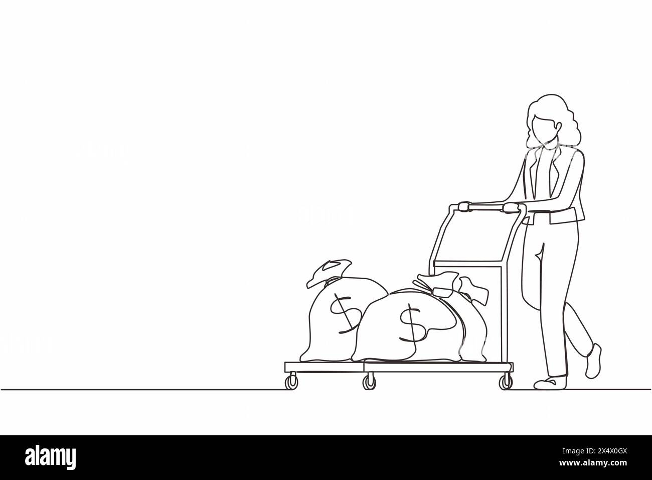 Single one line drawing businesswoman push cart with money bags. Reward ...