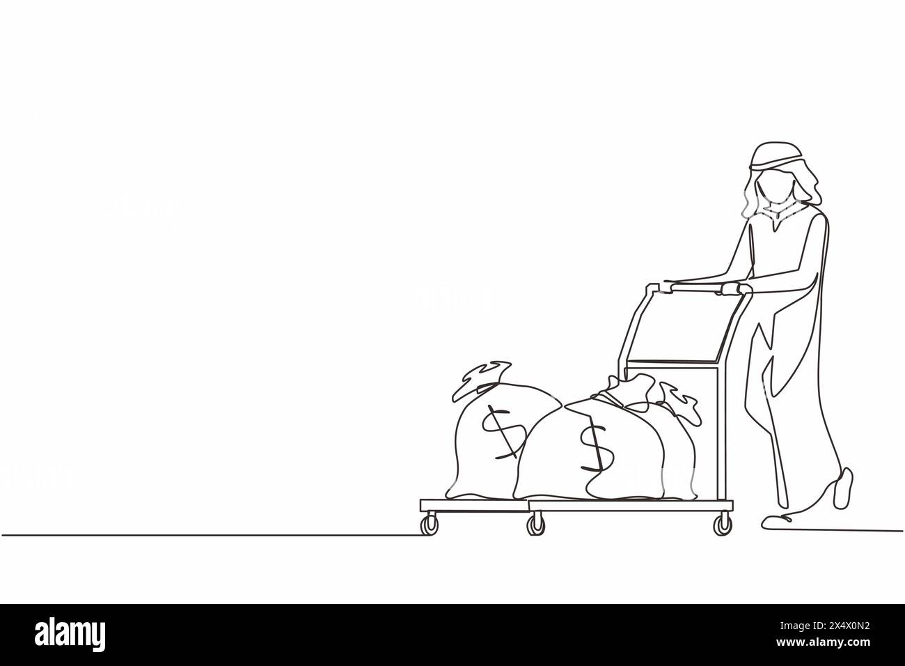 Continuous one line drawing Arabian businessman push cart with money ...