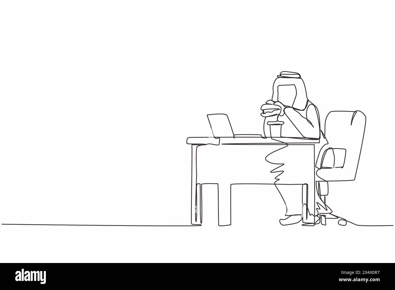 Single one line drawing fat obese Arabian man using laptop eating ...