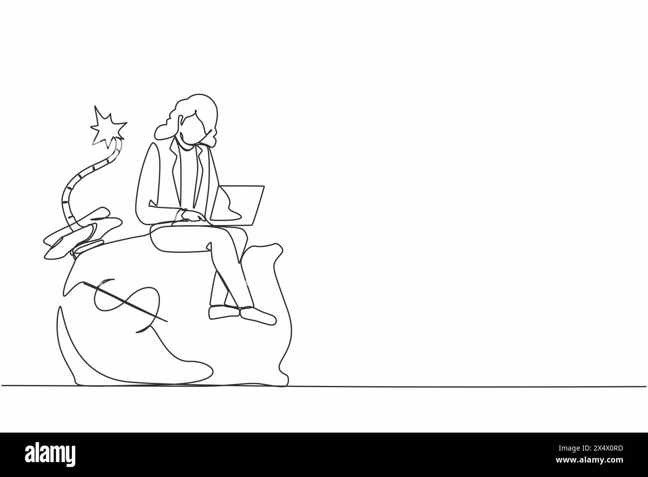 Continuous one line drawing businesswoman sitting on huge bomb with ...