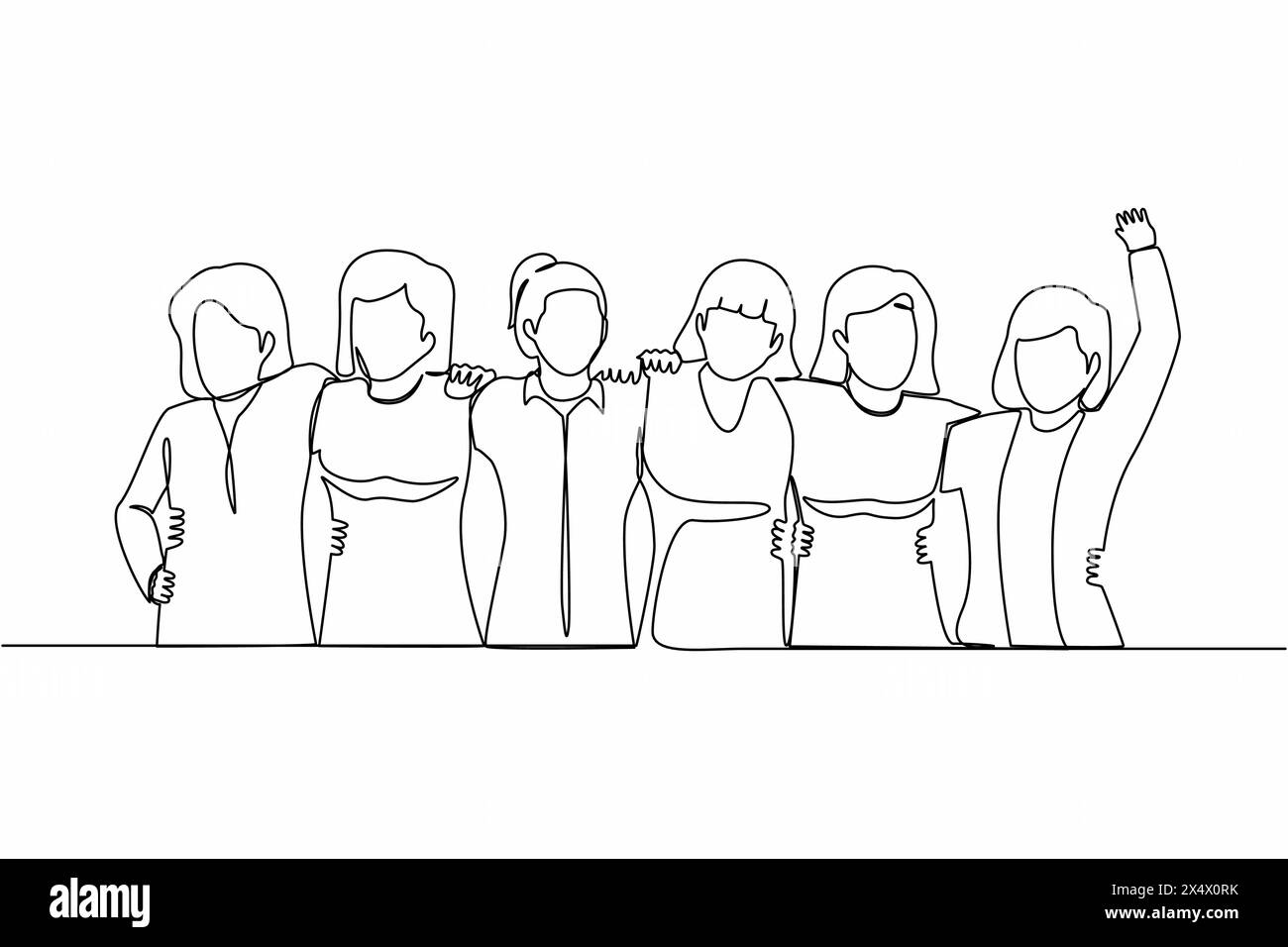 Continuous one line drawing group of women are hugging. Female together ...
