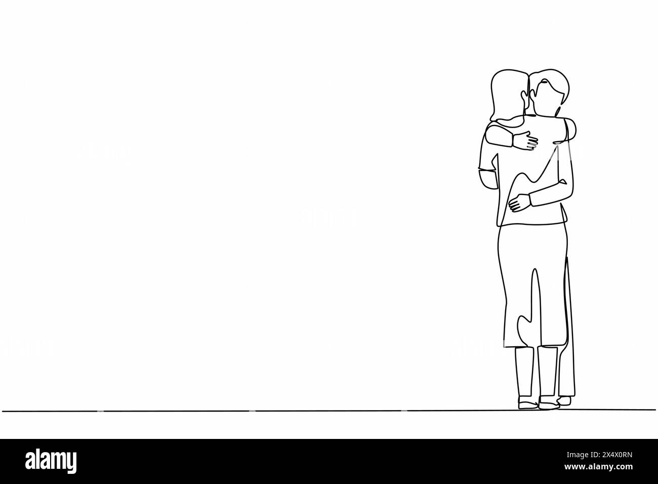 Single continuous line drawing young woman gives warm hug to her ...