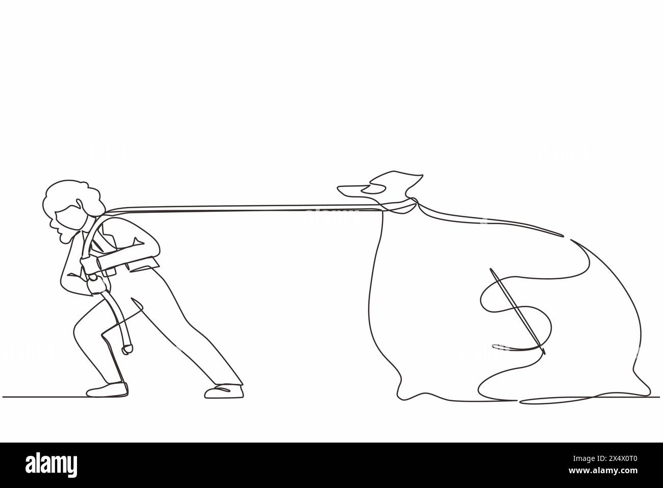 Single one line drawing businesswoman pulling big bag of money ...