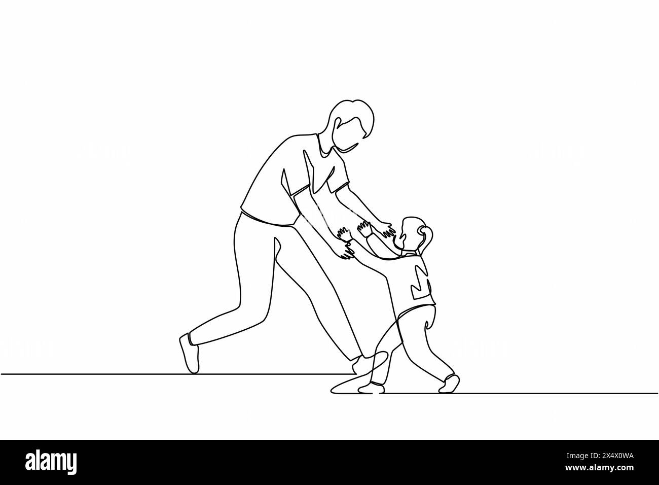 Single one line drawing joyful little daughter running to dad for ...
