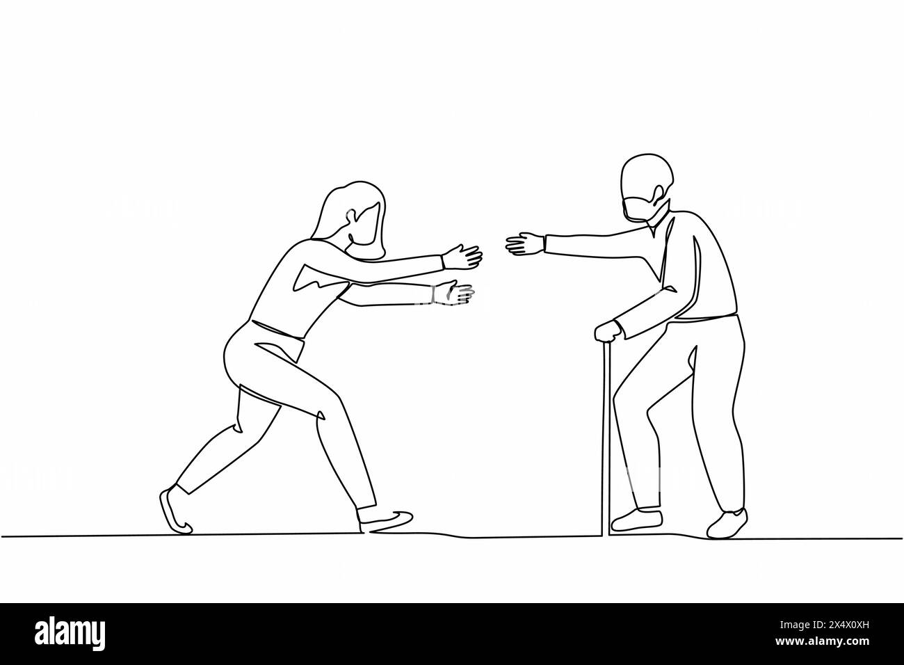 Single one line drawing happy woman running to meet grandfather ...