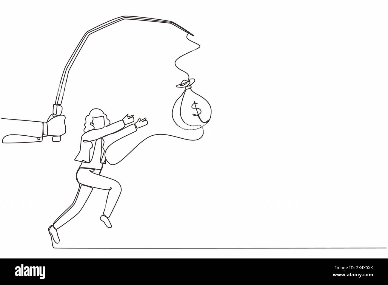 Single continuous line drawing hand with fishing pole and money bag ...