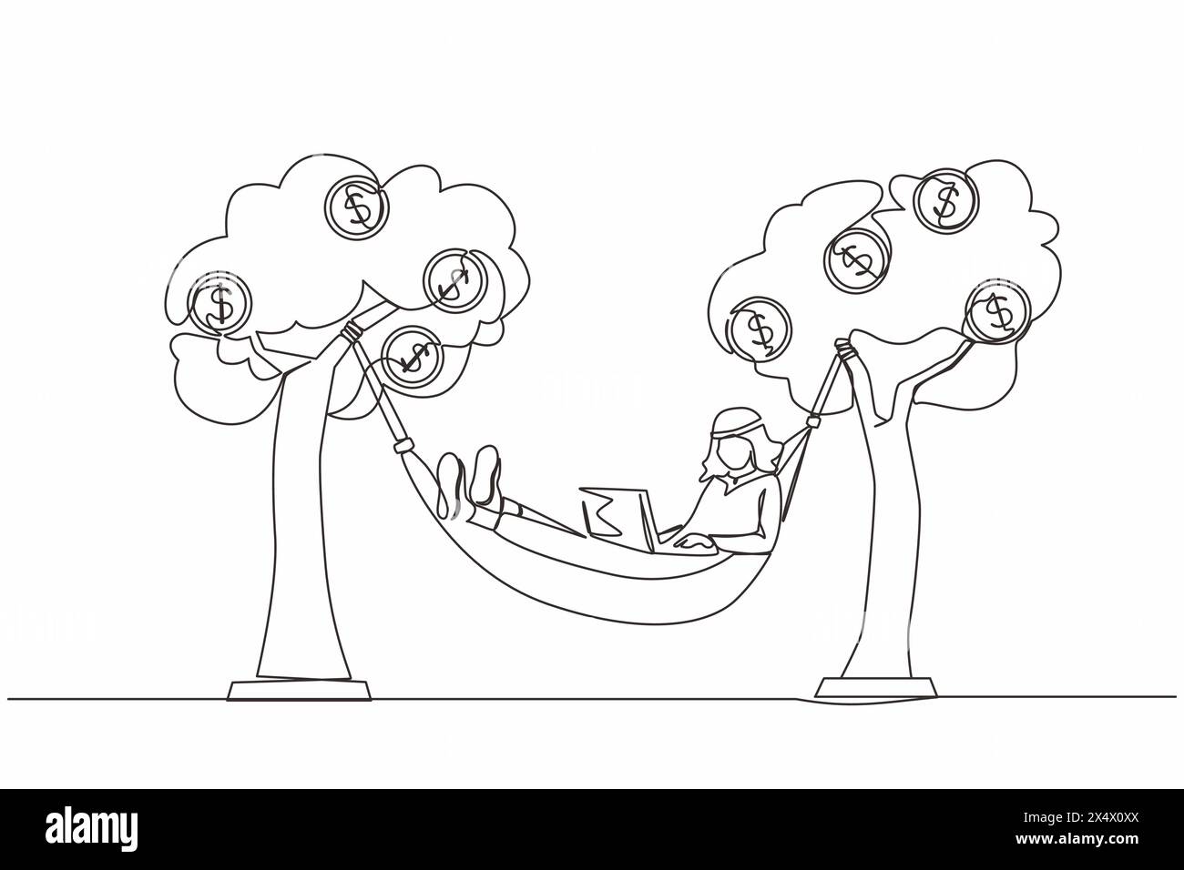 Single one line drawing rich Arabian businessman typing with laptop in ...