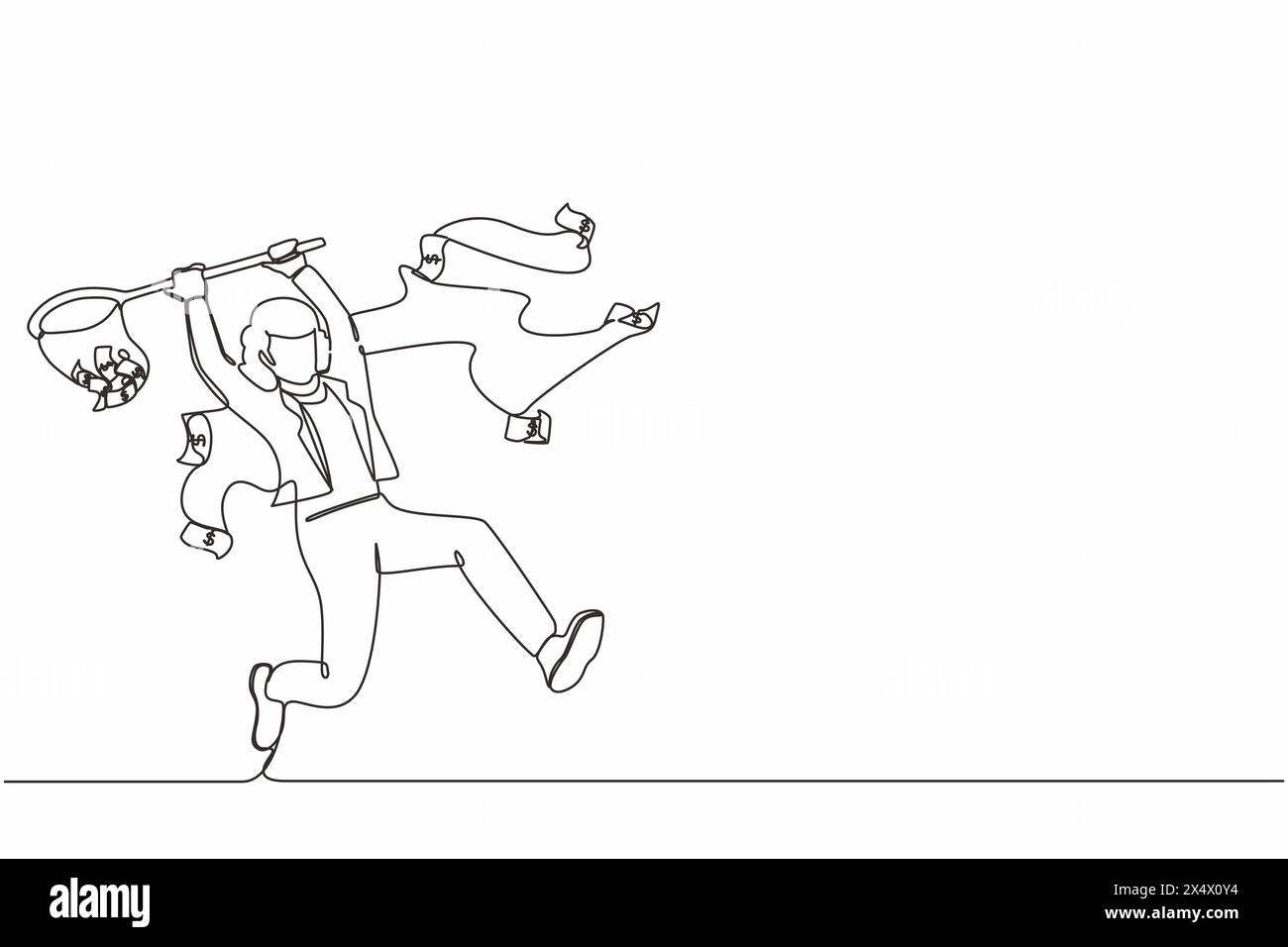Continuous one line drawing businesswoman trying to catch flying money ...