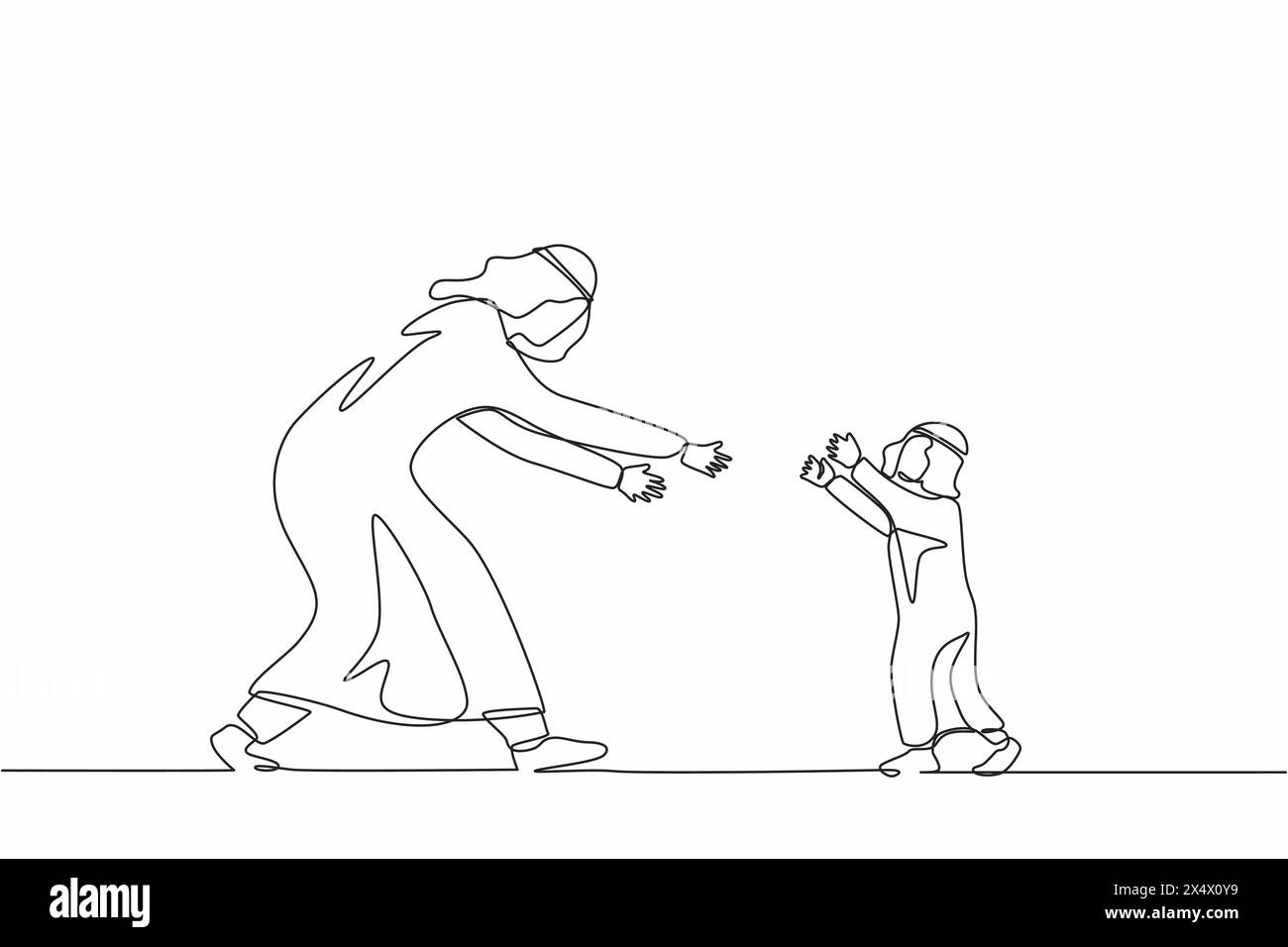 Continuous one line drawing little boy running to his dad. Child happy ...
