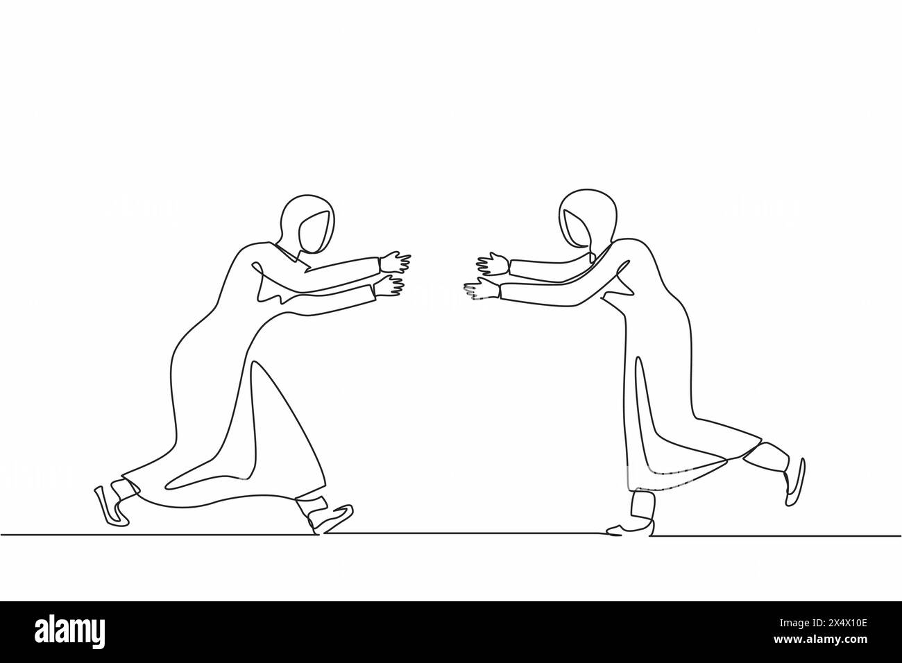 Continuous one line drawing happy Arab girls meeting after long time ...