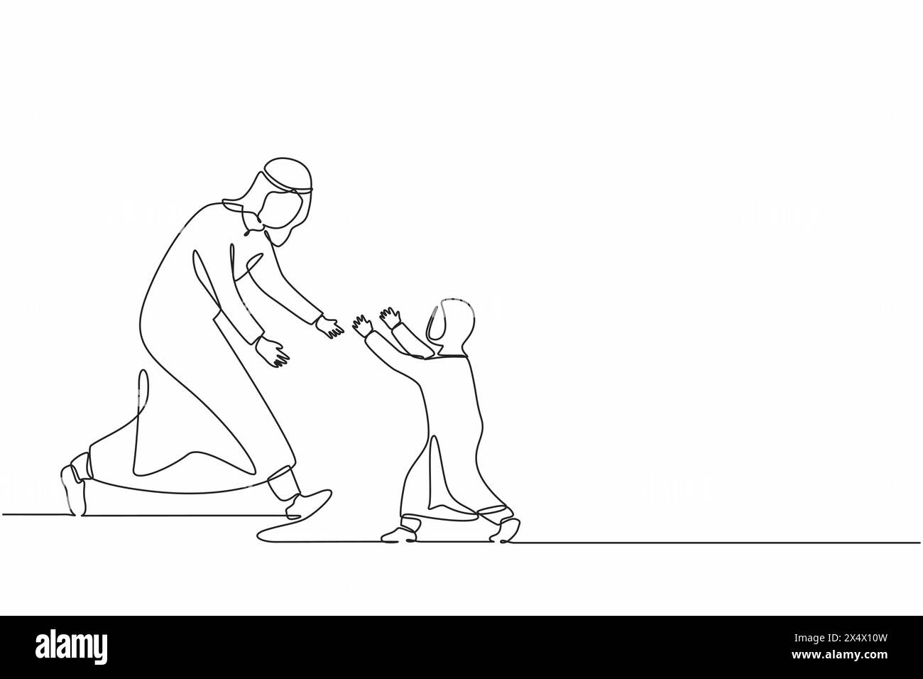 Continuous one line drawing joyful Arab little daughter running to dad ...
