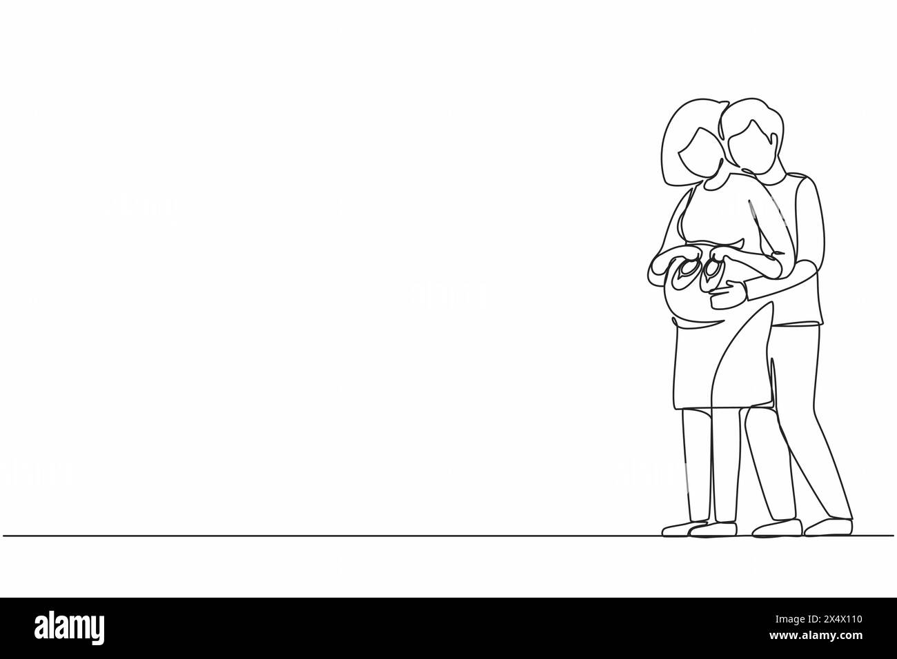 Continuous one line drawing cute pregnant woman and her husband holding ...