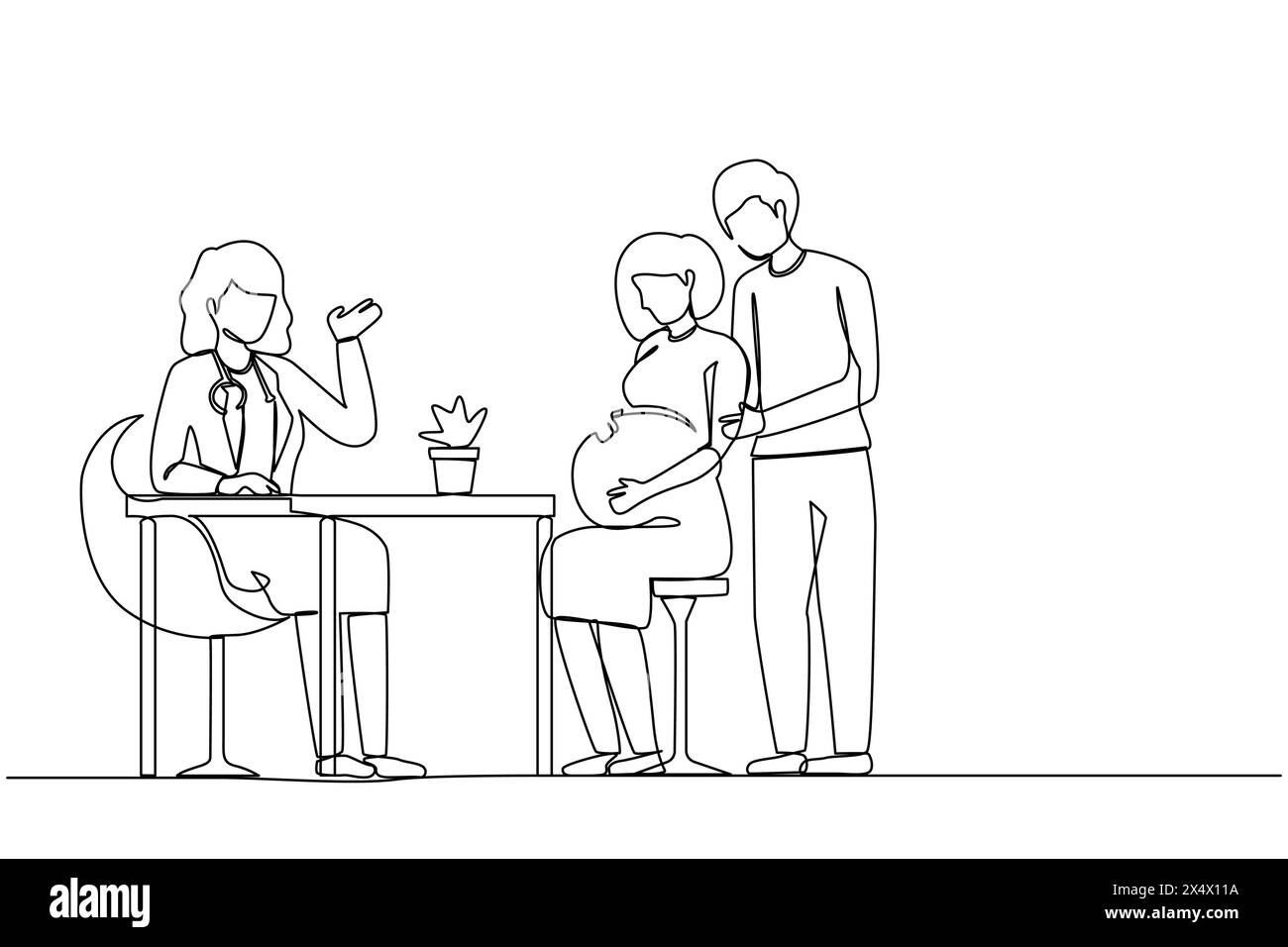Single one line drawing family expecting child visiting doctor isolated ...