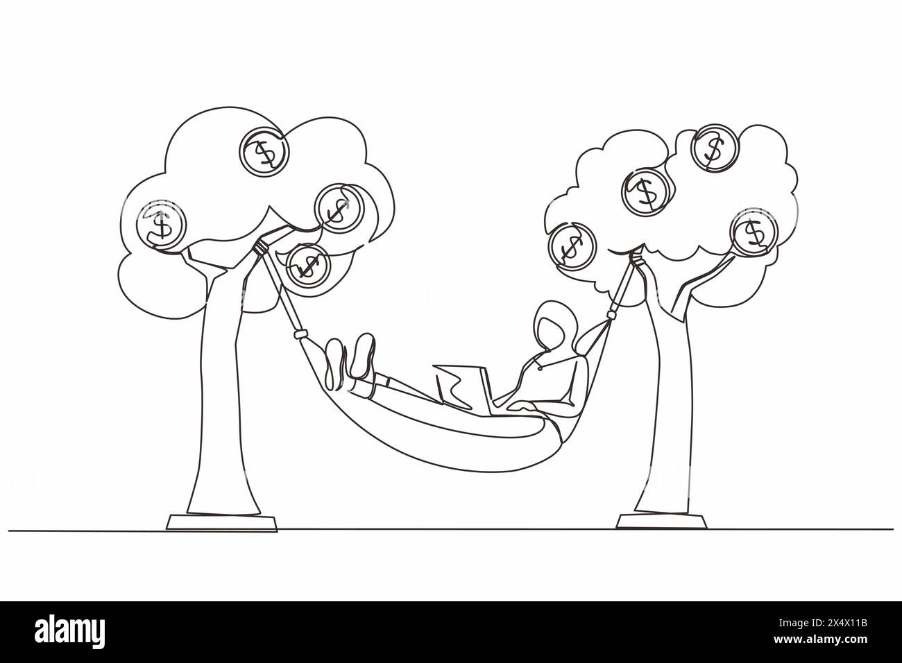 Single one line drawing happy rich Arab businesswoman typing with ...