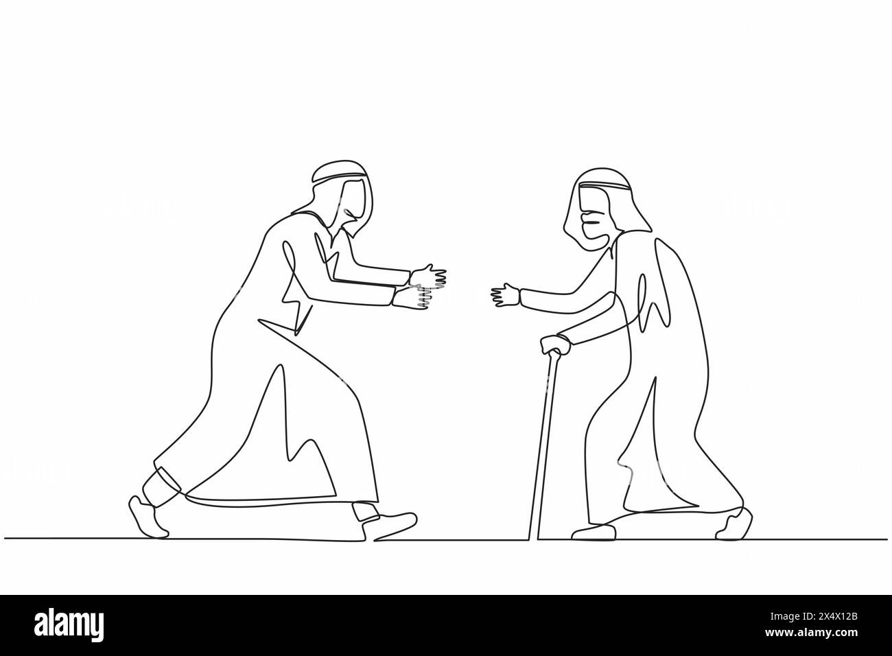 Single one line drawing happy Arab man running to meet grandfather ...
