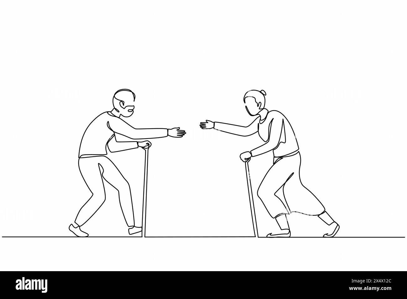 Single continuous line drawing senior woman running in hug to man ...