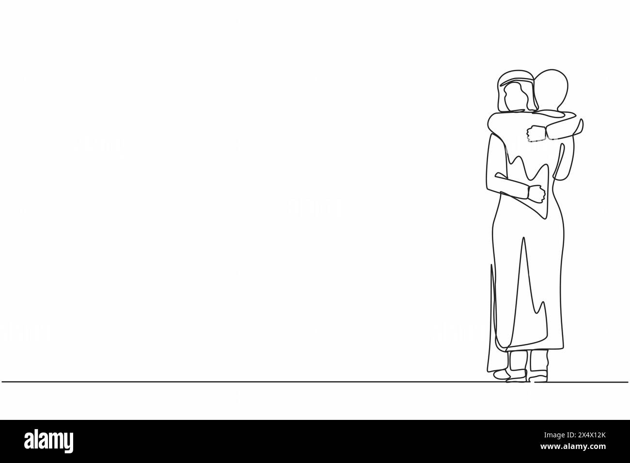 Single one line drawing young Arab woman gives warm hug to her husband ...