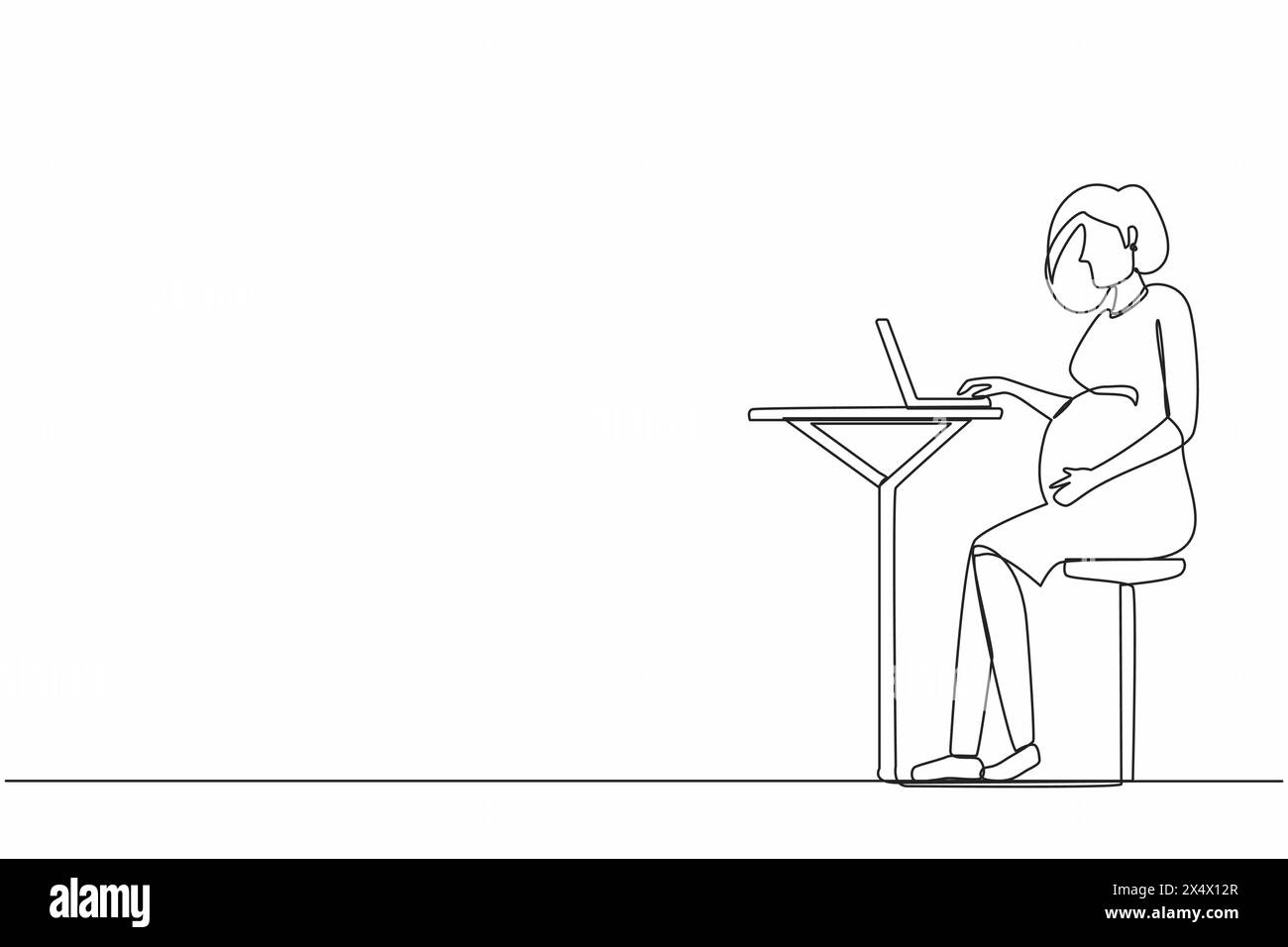 Continuous One Line Drawing Pregnant Woman Sitting In Cafe And Using Laptop Freelance Work