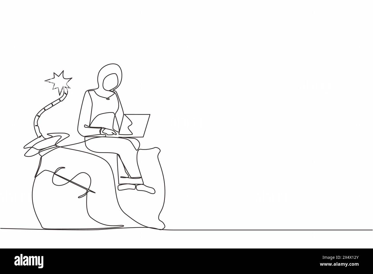 Single one line drawing Arabic businesswoman sitting on huge bomb with ...