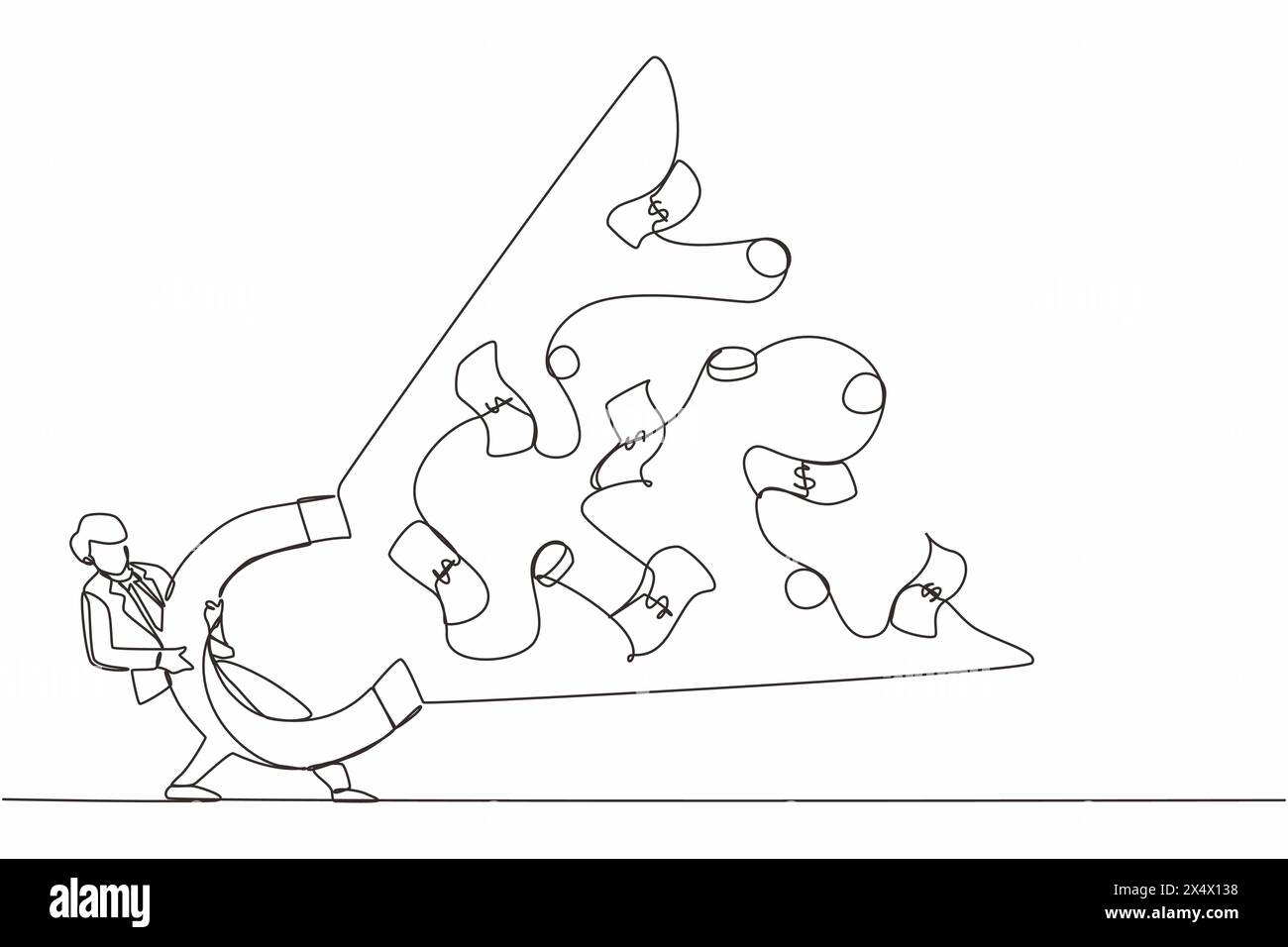 Continuous one line drawing businessman using big magnet to attract ...