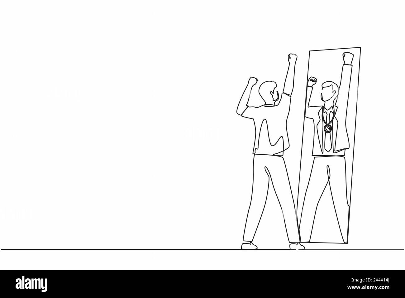 Single one line drawing narcissistic businessman looking at mirror and ...