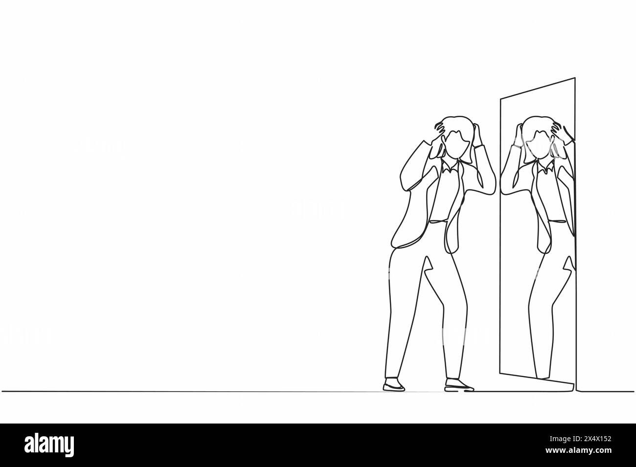 Continuous one line drawing frustrated businesswoman see herself ...