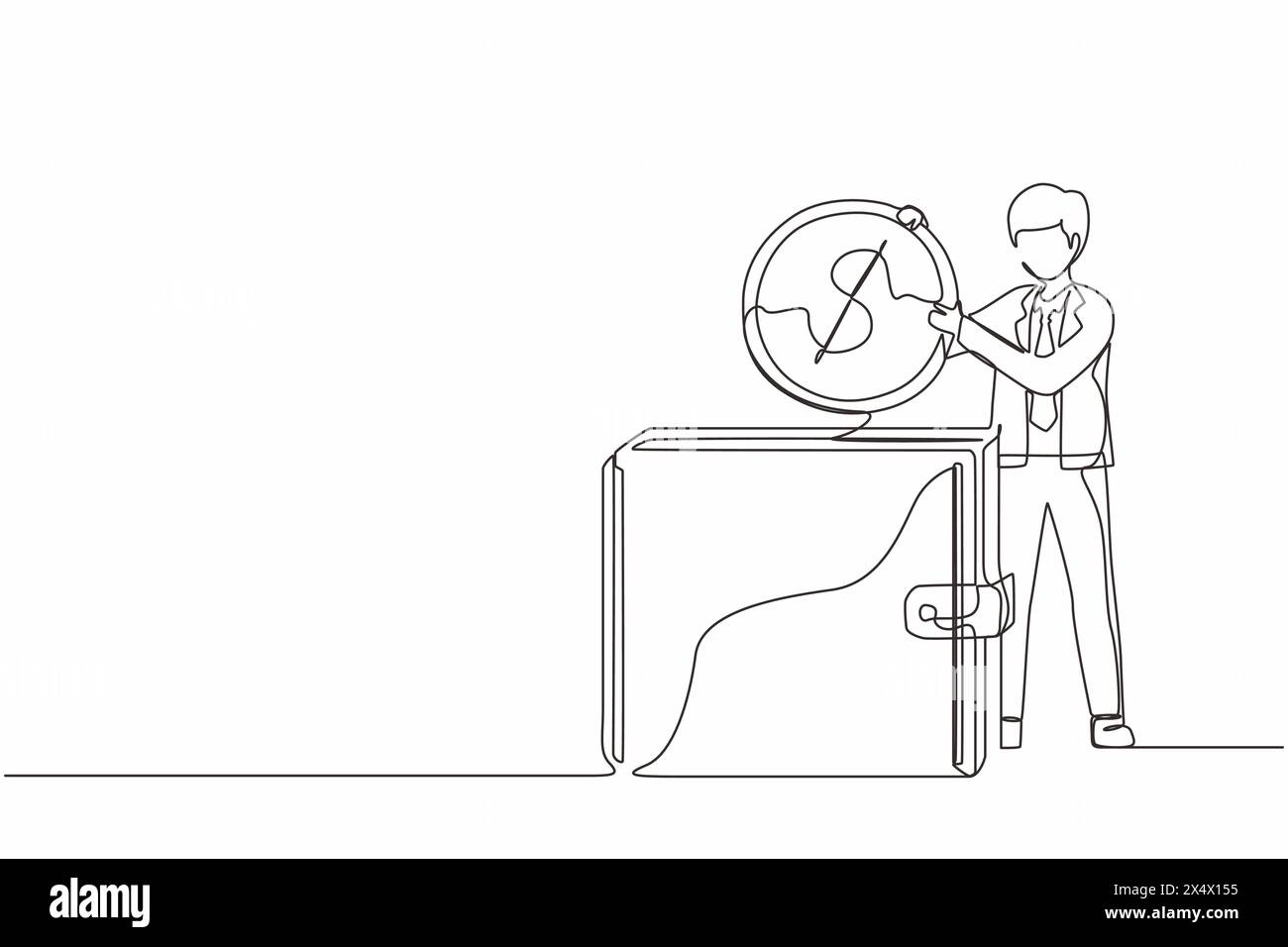 Single one line drawing businessman putting dollar coin into big wallet ...