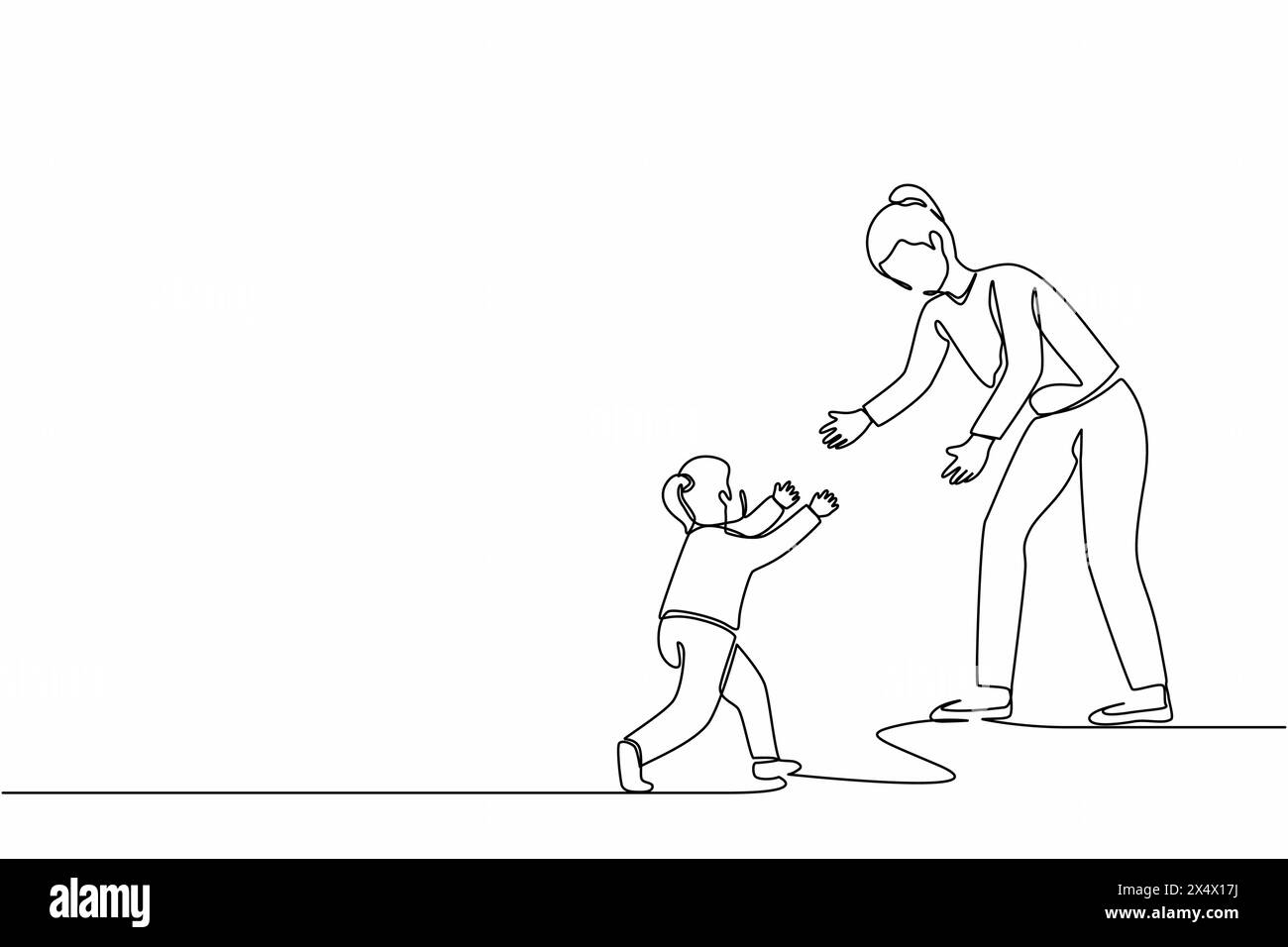 Continuous one line drawing mom and little daughter running to each ...