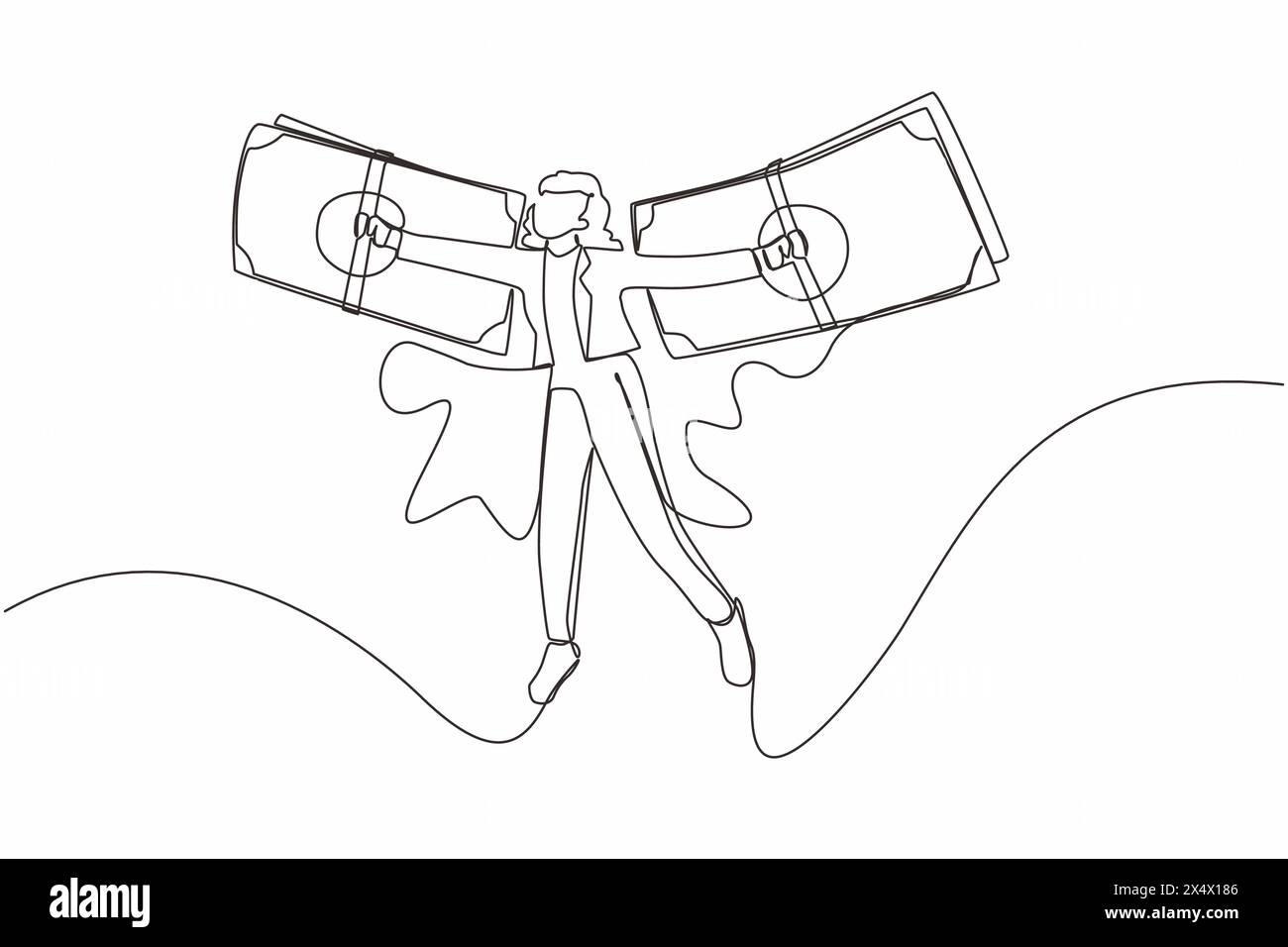 Continuous one line drawing businesswoman flying on money wings ...