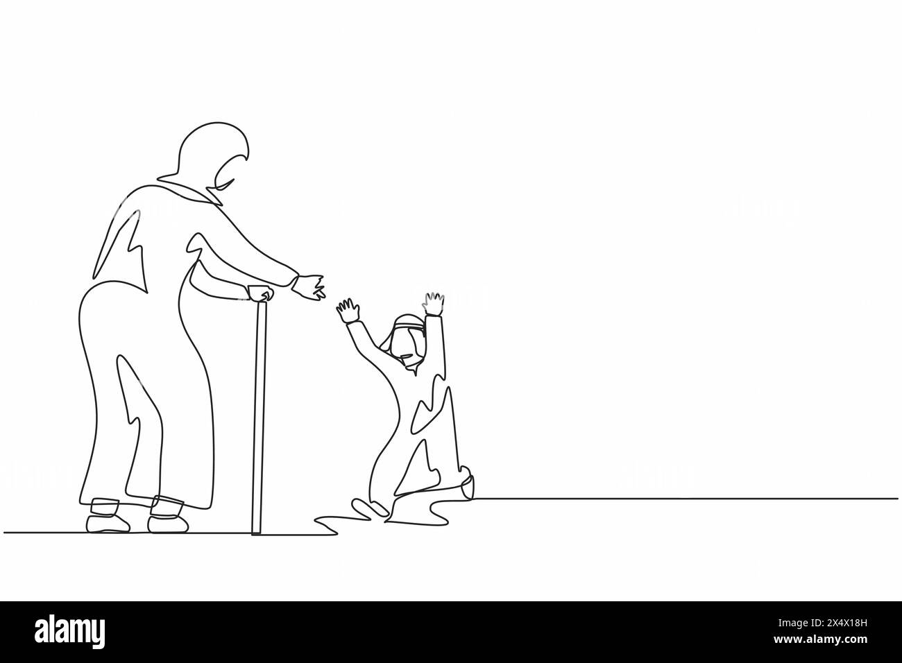 Continuous one line drawing Arabian little boy meeting their ...